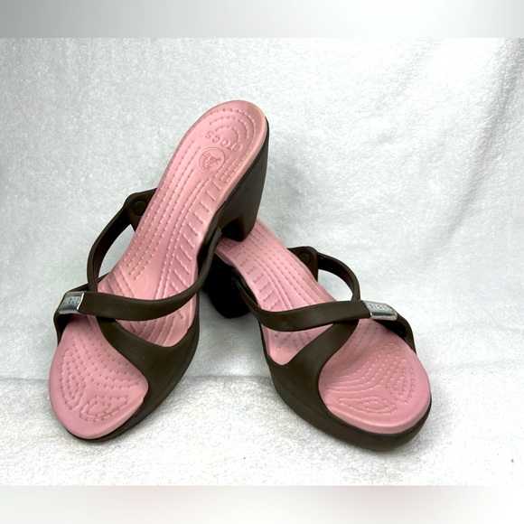 CROCS | Shoes | Crocs Pink Insoles With Tan Straps Wedge Heel Nwot ...